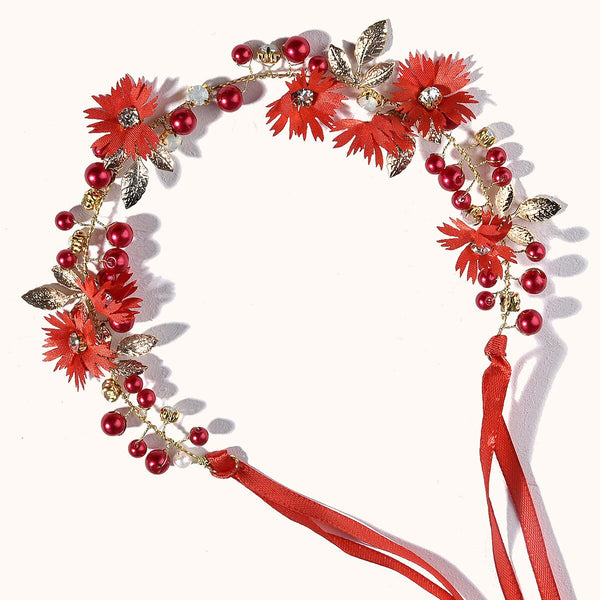 Red Flower Bridal Tiara Hairband Gold Color Crystal Pearl Headband Wom